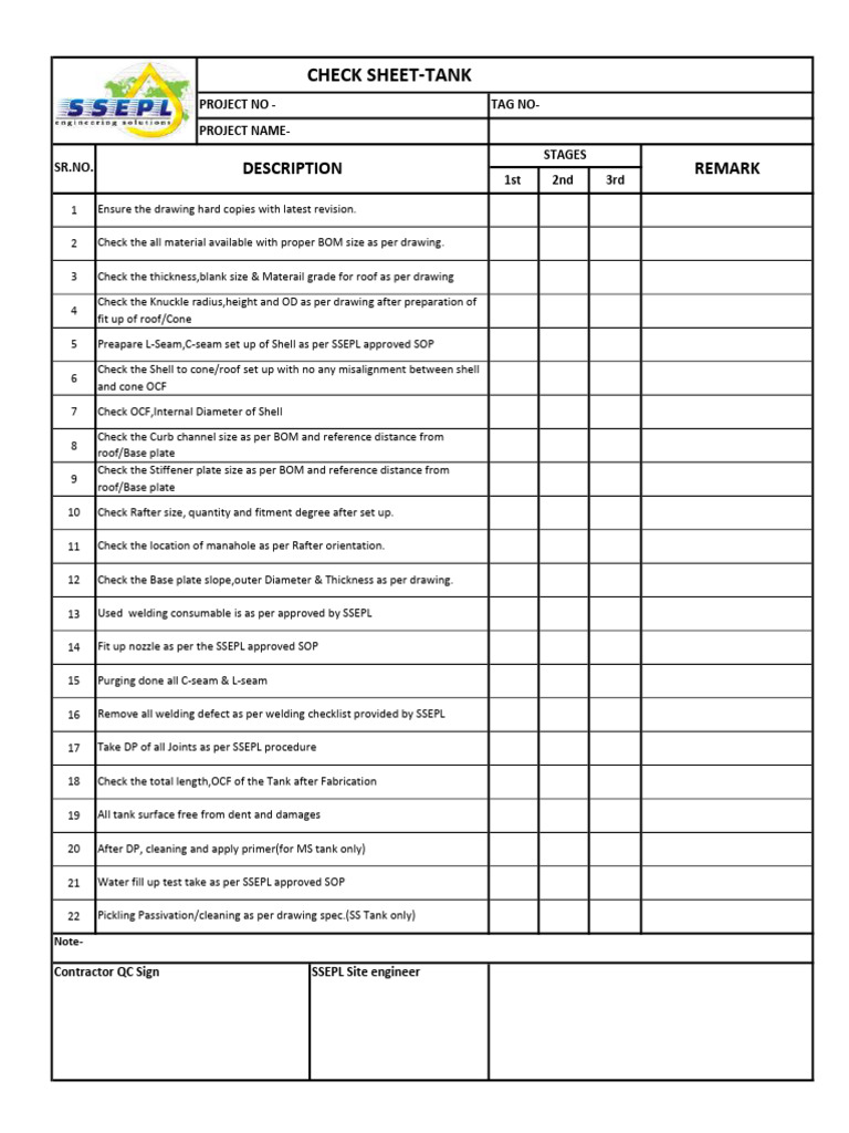 Tank Checksheet R1 | PDF