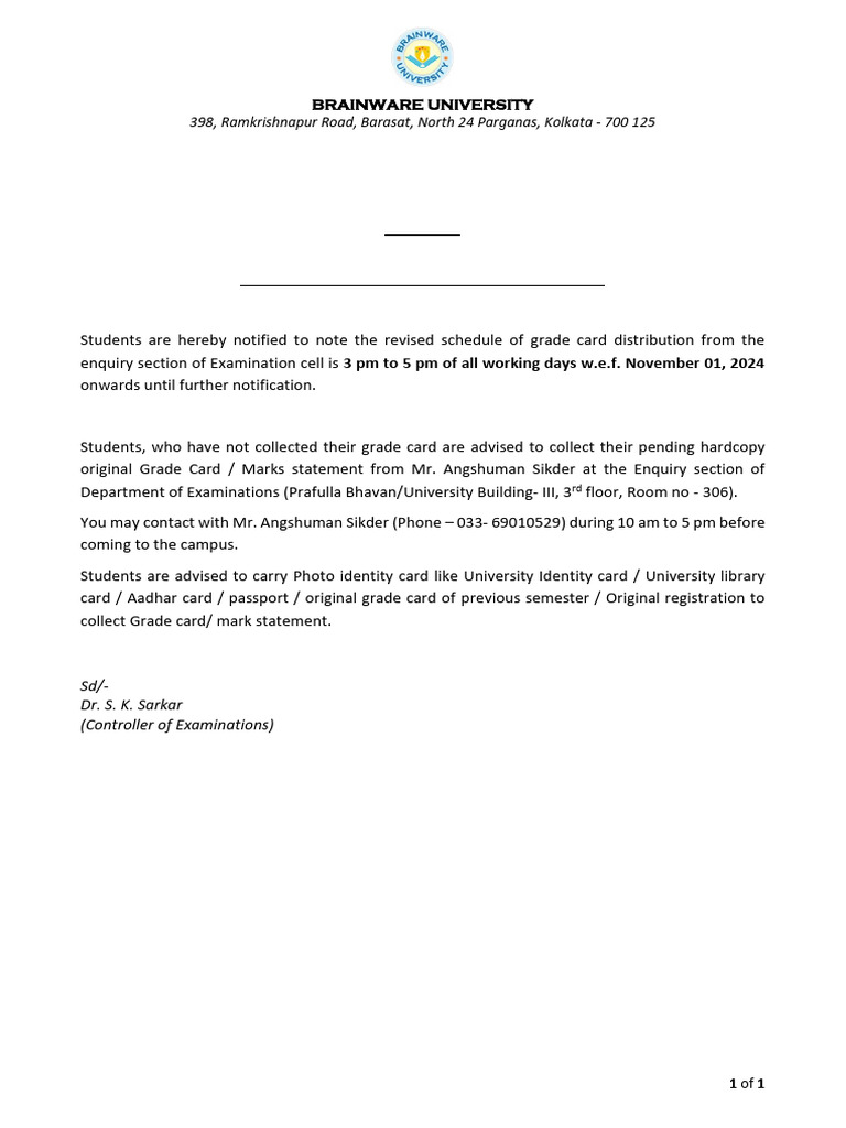 Distribution of Grade Card | PDF