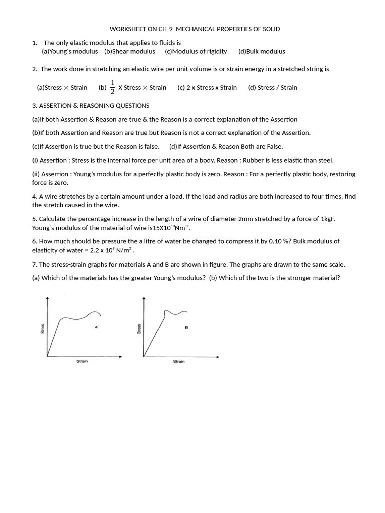 Worksheet On CH-9 Mechanical Properties of Solids | PDF
