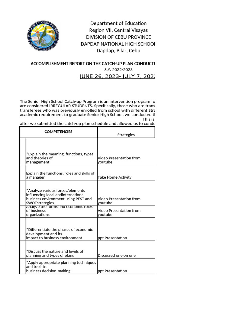 Catch-Up Program Accomplishment Report | PDF | Decision Making ...