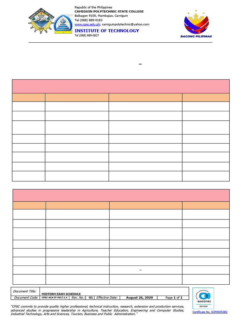 Midterm Schedule 1ST Semester Sy. 2024 2025 | PDF | Institute Of ...