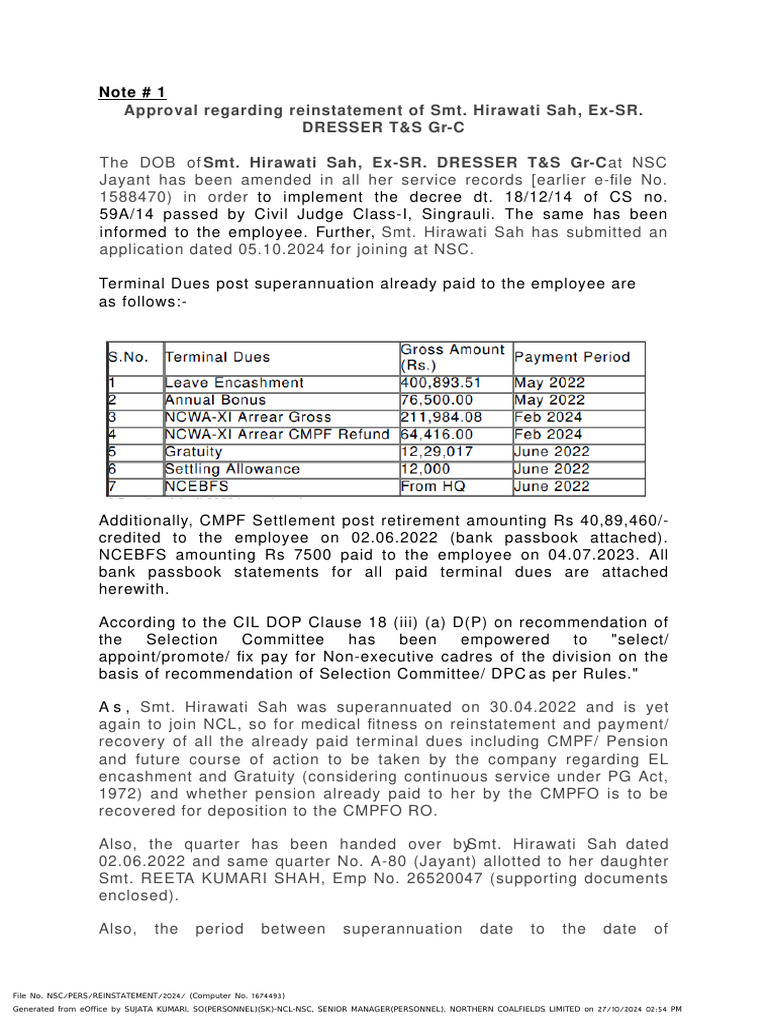 Approval Regarding Reinstatement of Smt. Hirawati Sah, Ex-SR. Dresser T&S GR-C | PDF | Personal ...
