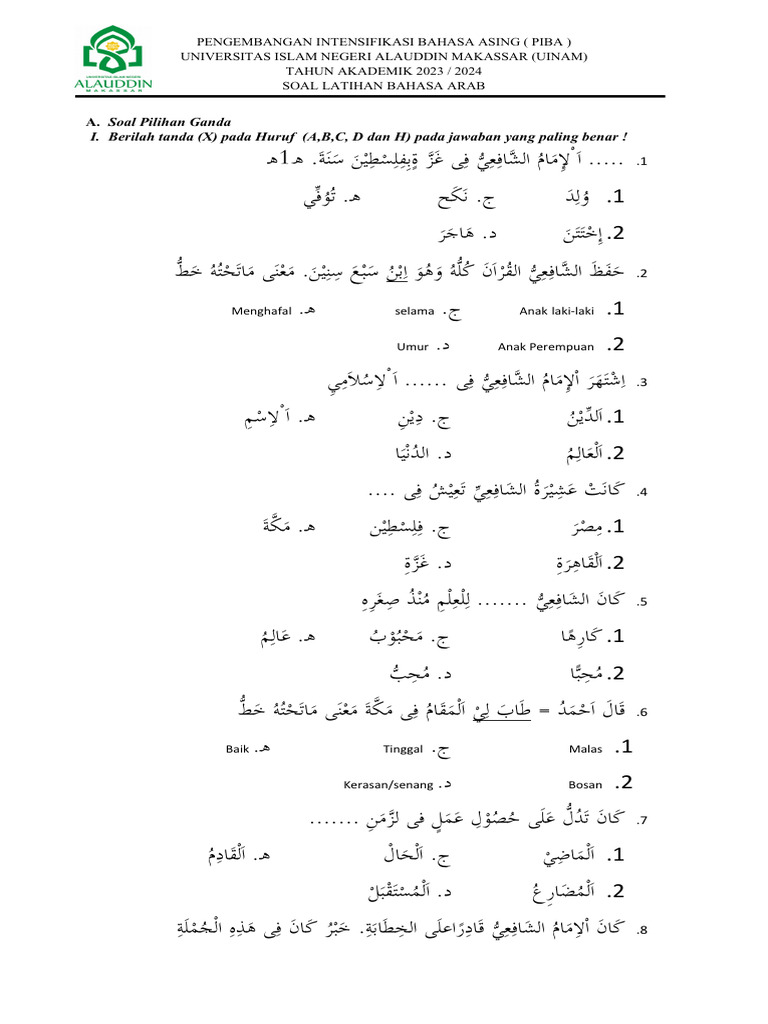 Soal Latihan Bhs Arab Pilihan Ganda | PDF