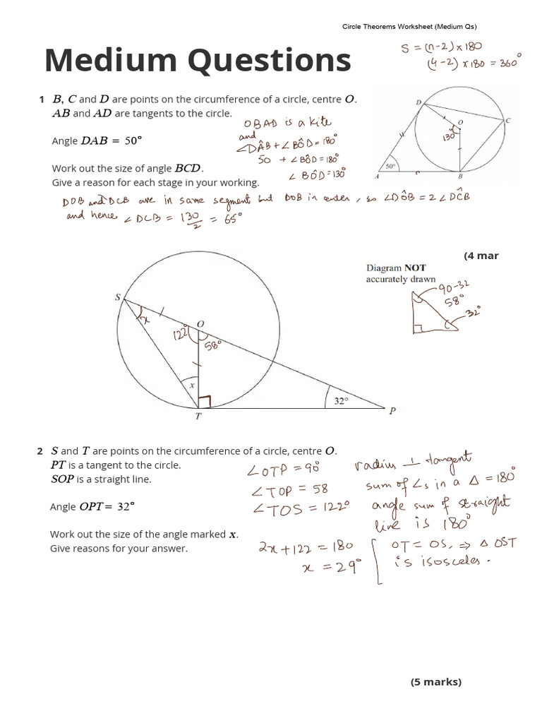Circle Theorems Worksheet (Medium QS) | PDF | Circle | Angle