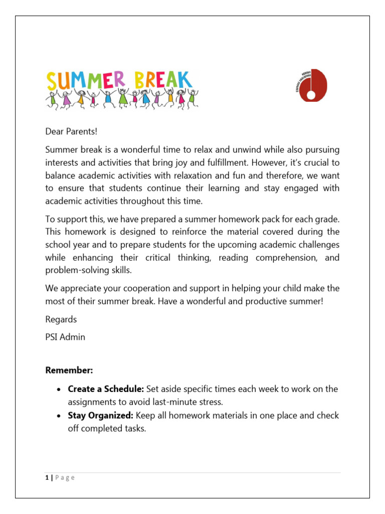 Summer Break Homework Grade II 13.6.24 | PDF | Homework | Hobbies