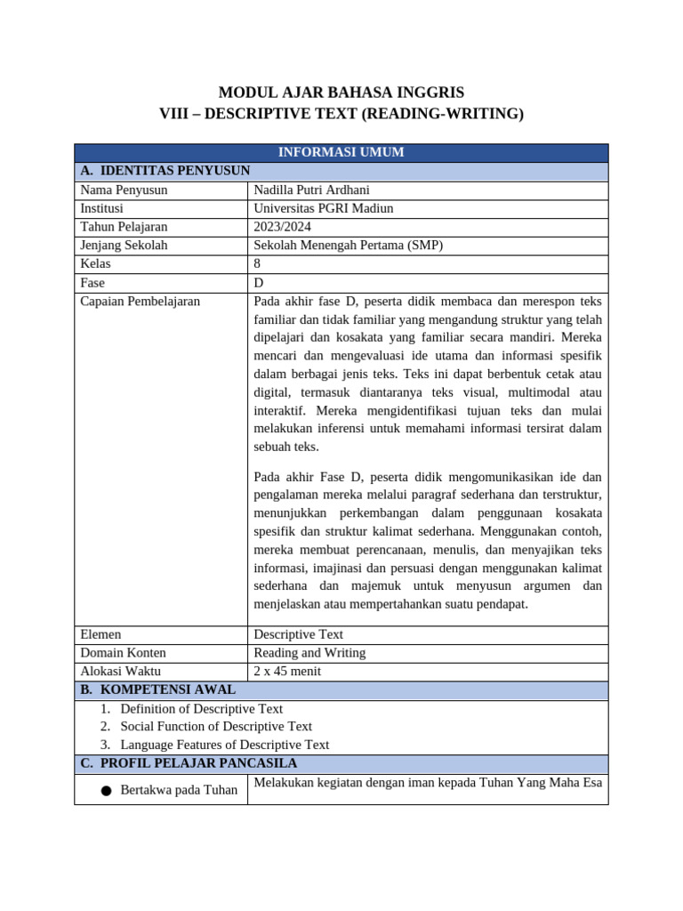 Modul Ajar 5 - Descriptive Text VIII | PDF | Sains & Matematika