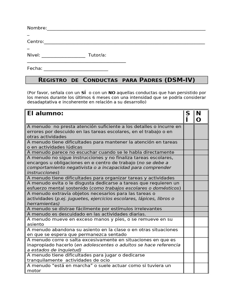 Registro de Conductas TDAH DSM-IV | PDF | Desorden hiperactivo y ...