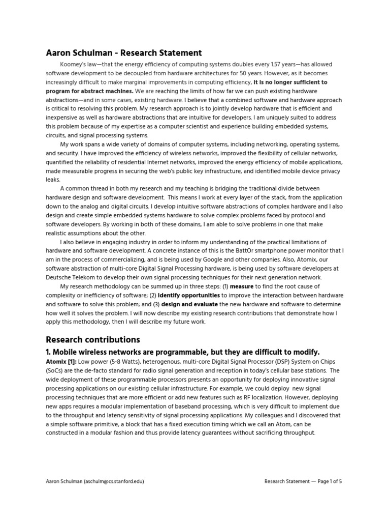 Schulman-Research Statement | PDF | Ieee 802.11 | Multi Core Processor