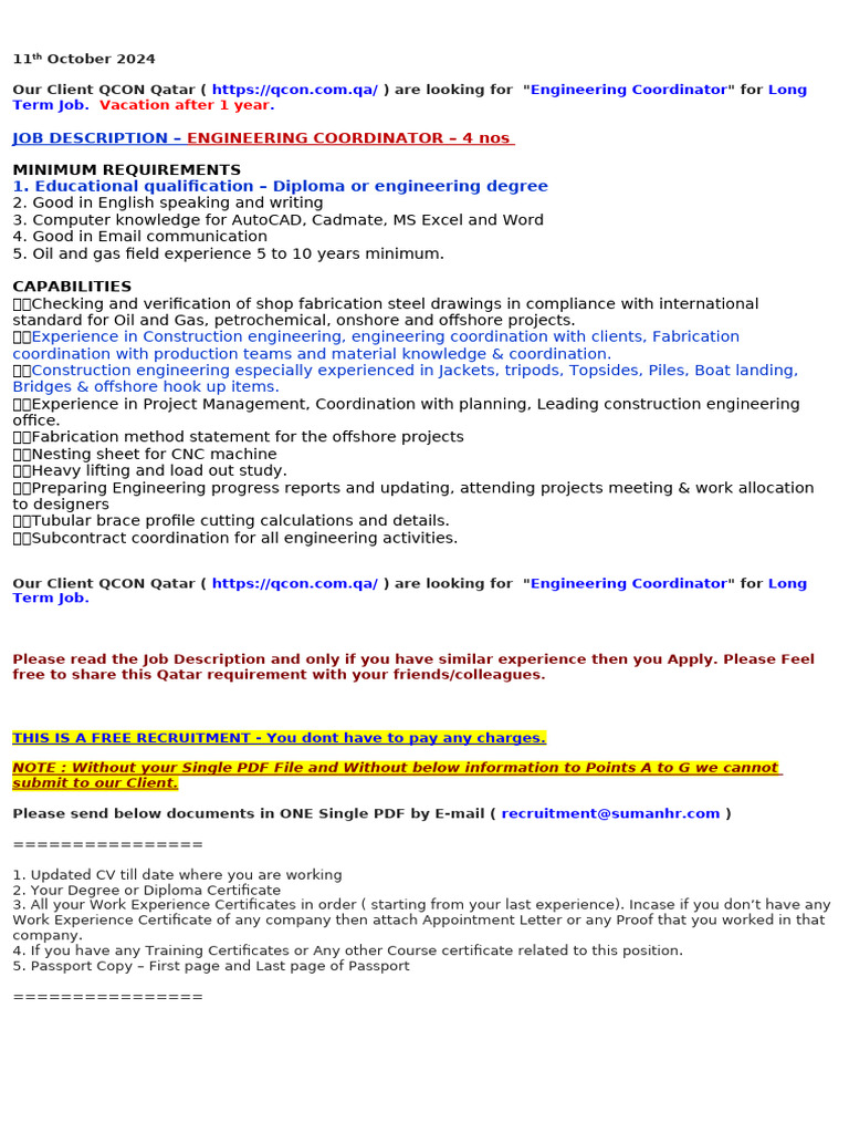 11 Oct 2024 - QCON QATAR - ENGINEERING COORDINATOR | PDF | Engineering