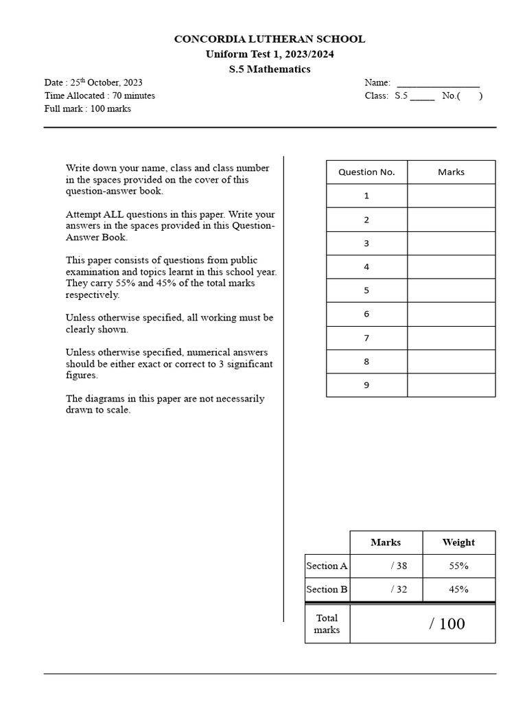 2023-2024 S5 UT1 Math (Eng) | PDF | Area | Mathematics