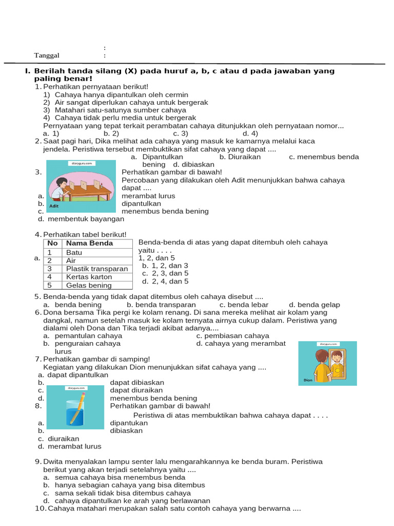 Soal IPAS Kelas 5 Cahaya Dan Sifatnya | PDF