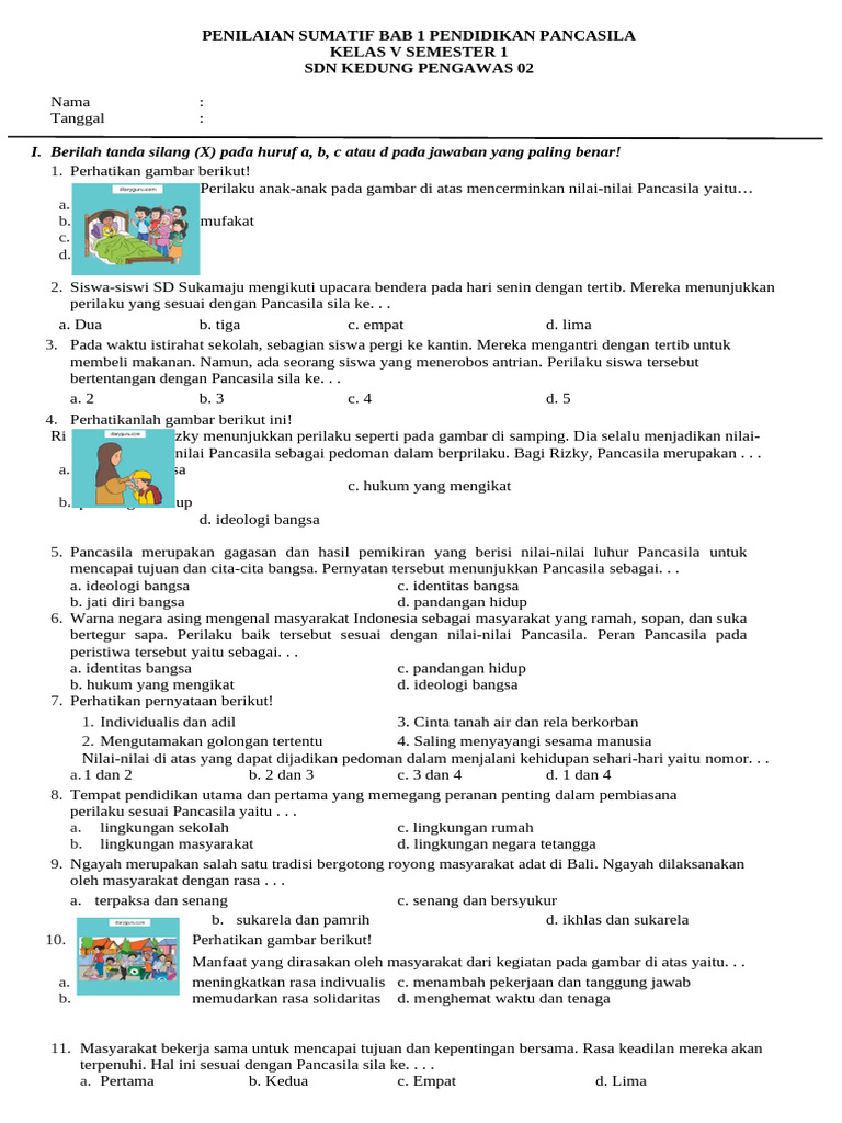Soal Pendidikan Pancasila Kelas 5 Bab 1 Kurikulum Merdeka Pdf