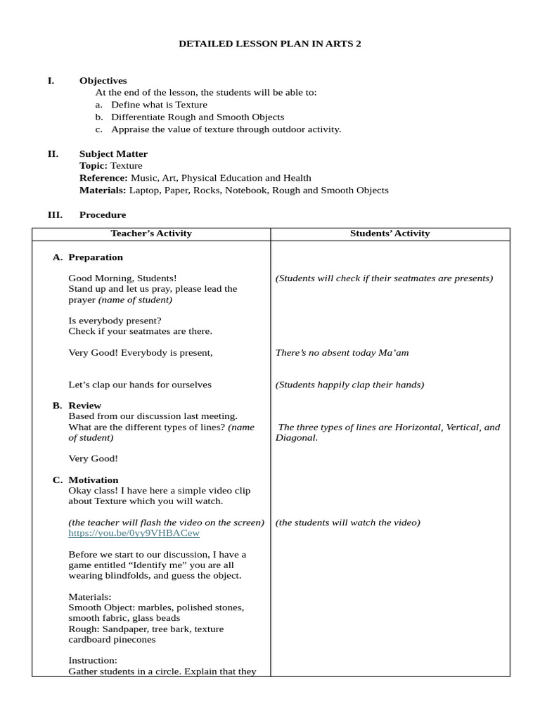 Lesson Plan on Texture for Arts 2 | PDF