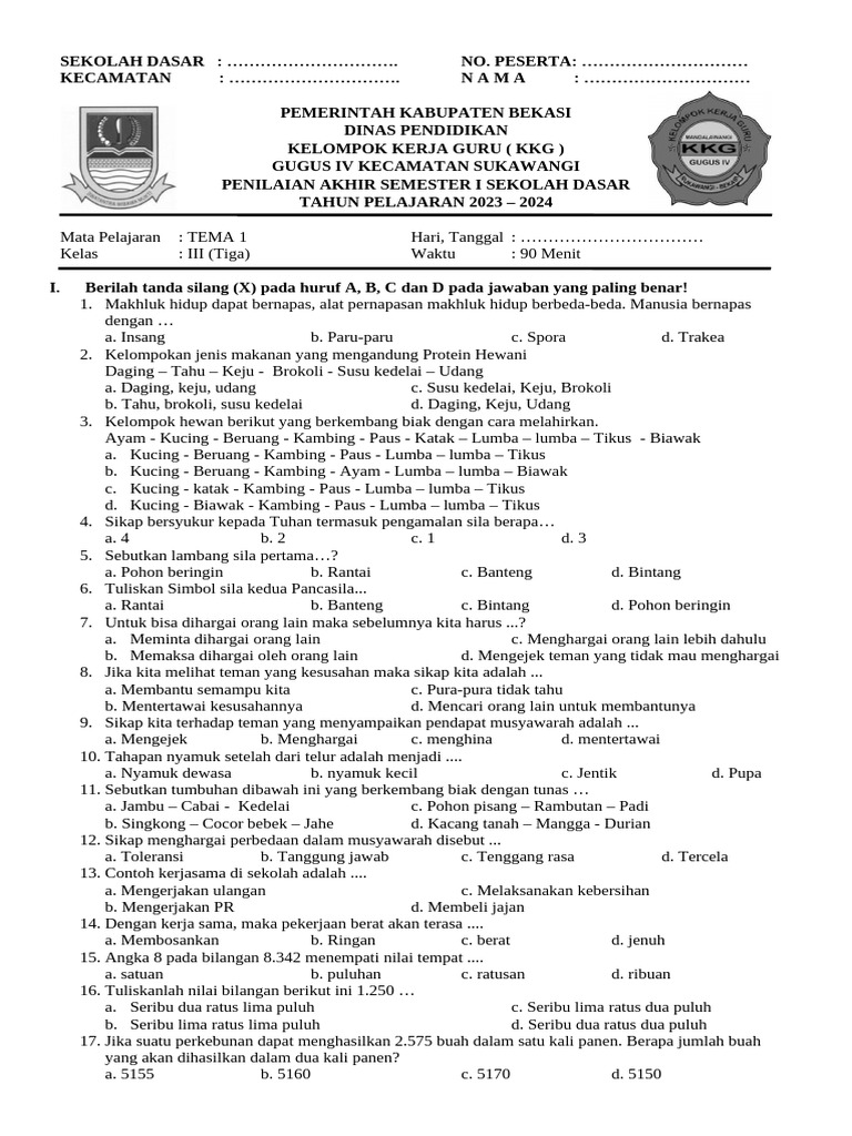 Soal PAS Tema 1 Kelas 3 | PDF | Griya & Taman