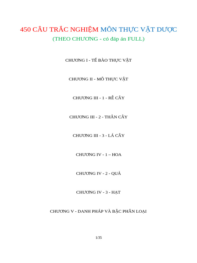 450 Cau Trac Nghiem Mon Thuc Vat Duoc Theo Tung Chuong Co Dap An Full Compress | PDF