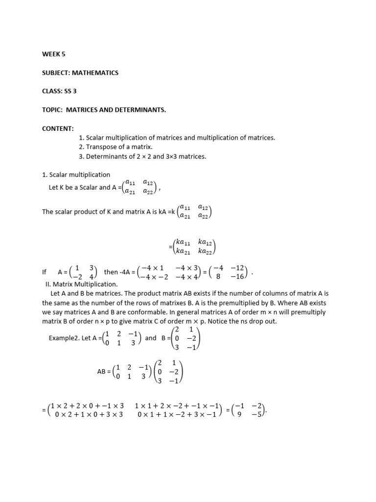 SS3 Math: Matrices & Determinants | PDF | Matrix (Mathematics) | Determinant