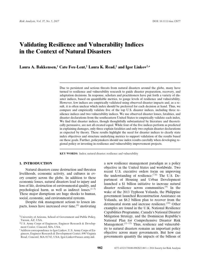 Risk Analysis - 2016 - Bakkensen - Validating Resilience and Vulnerability Indices in The ...