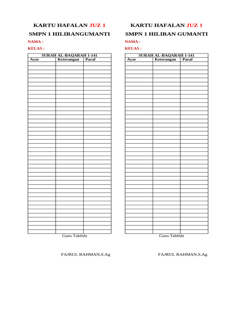 Kartu Hafalan Juz 1 | PDF