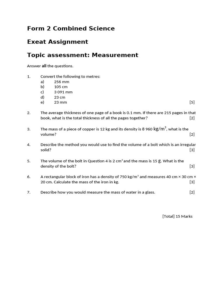Form 2 Exeat Assignment Combined Science | PDF | Science & Mathematics