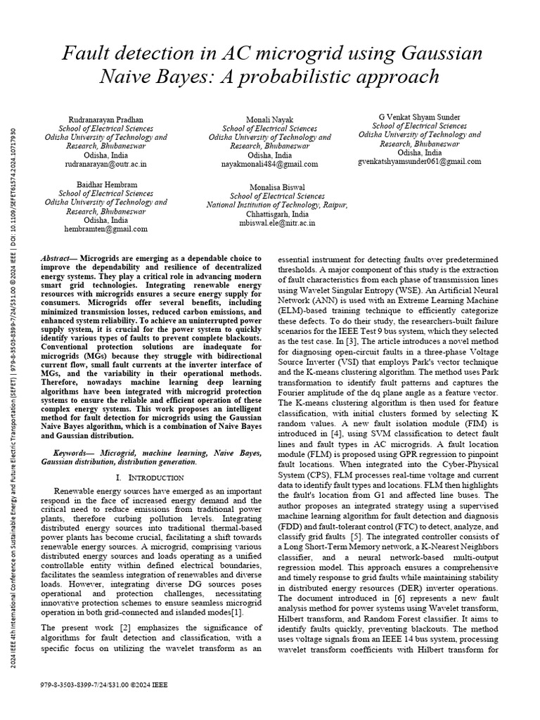 Fault Detection in AC Microgrid Using Gaussian Naive Bayes A Probabilistic Approach | PDF ...