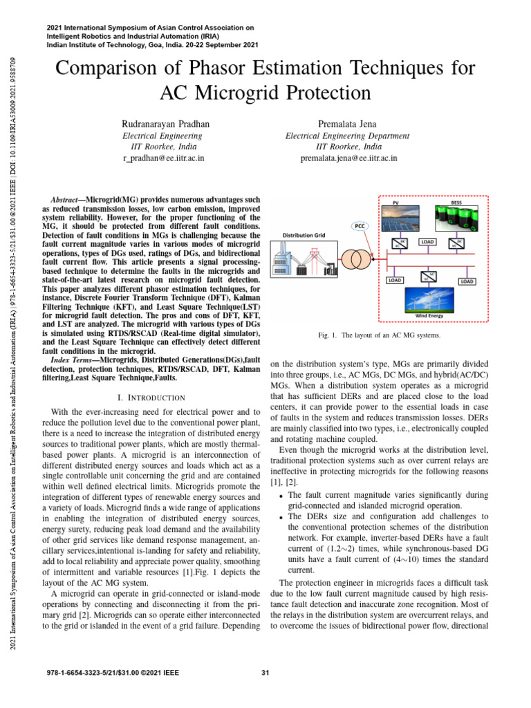 Comparison Of Phasor Estimation Techniques For Ac Microgrid Protection Pdf Distributed