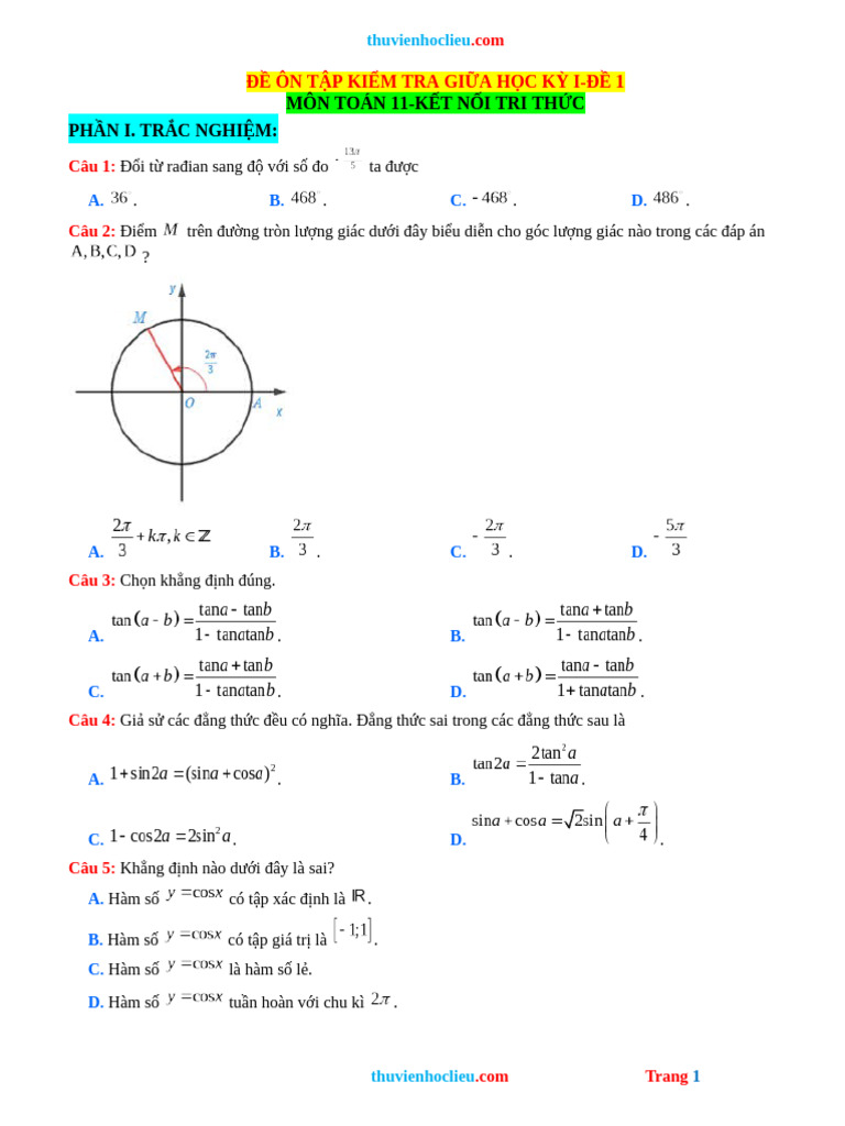 De Kiem Tra Giua HK1 Toan 11 KNTT de 1 Hay | PDF