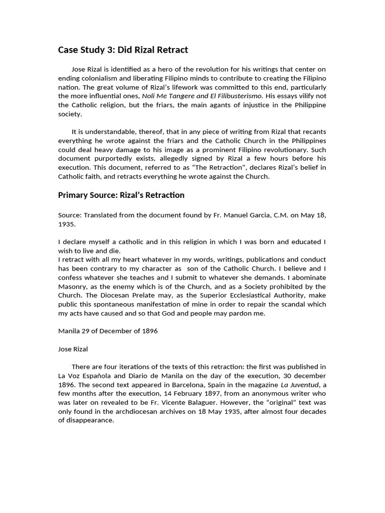 Case Study 3 RIZAL RETRACTED | PDF | Philippines Case Study 3 RIZAL RETRACTED | PDF | Philippines