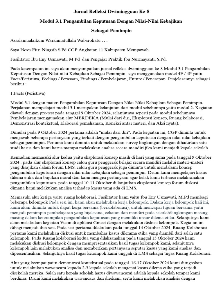 Jurnal Refleksi Dwimingguan Modul 3.1 Nova | PDF | Karier & Perkembangan | Pengembangan Diri