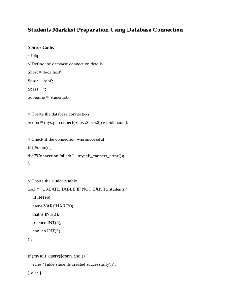Students Marklist Preparation Using Database Connection | PDF