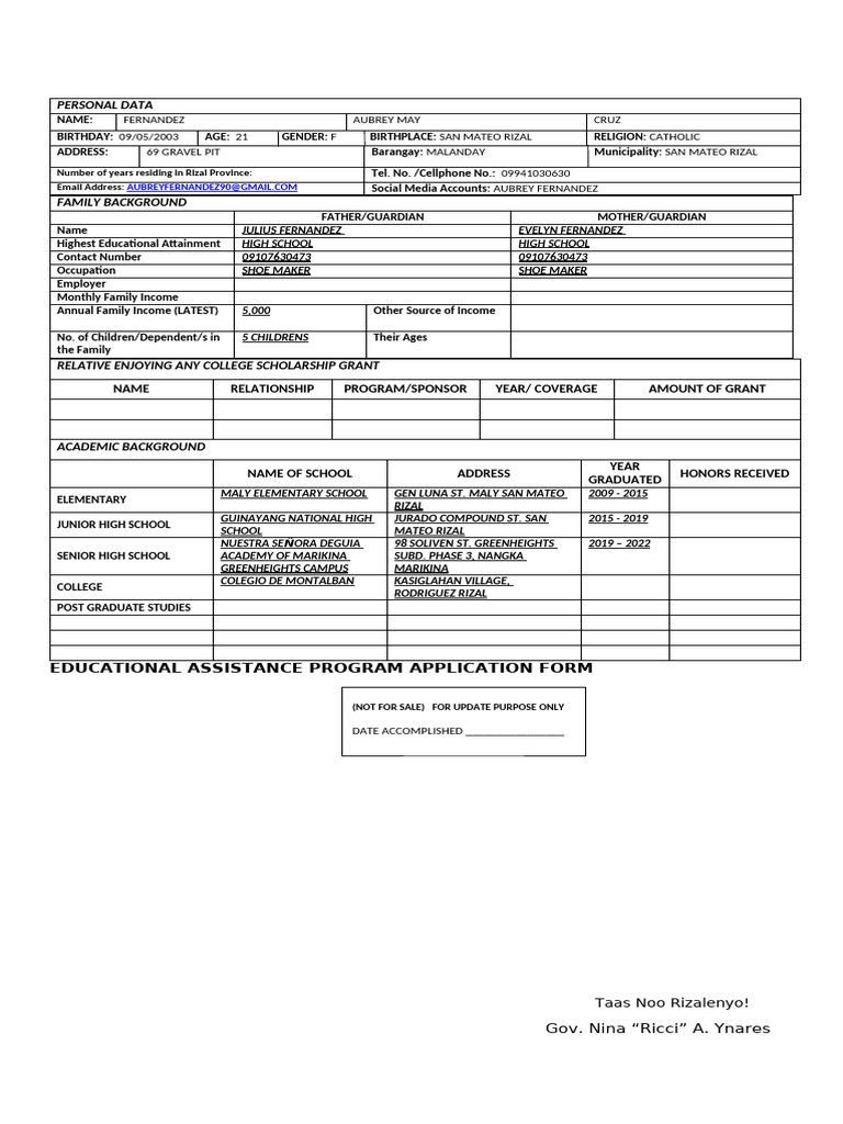 Application Form Educational Assistance Program | PDF