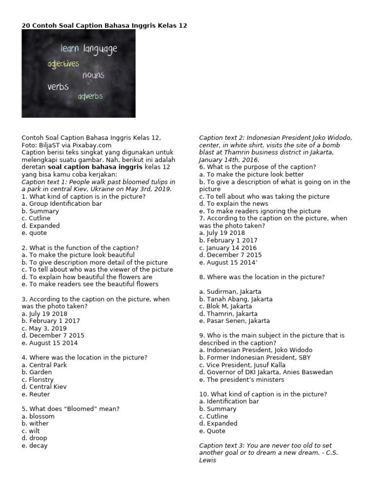 20 Contoh Soal Caption Bahasa Inggris Kelas 12 | PDF | Indonesia ...