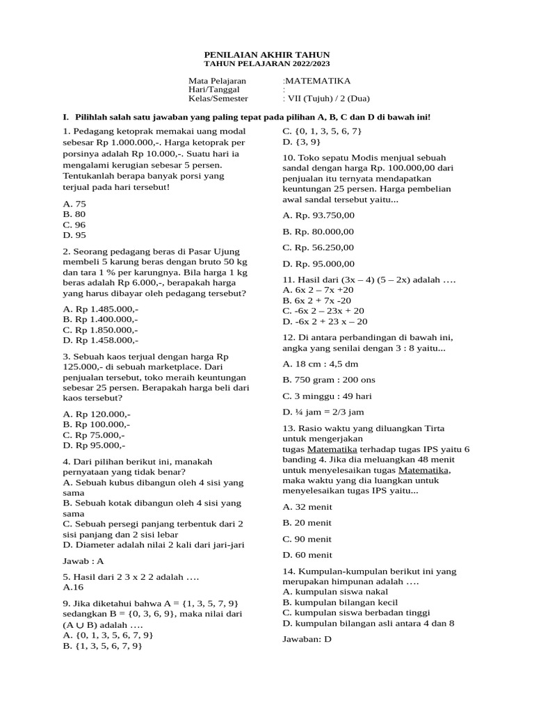 Soal Matematika Kelas 7 | PDF