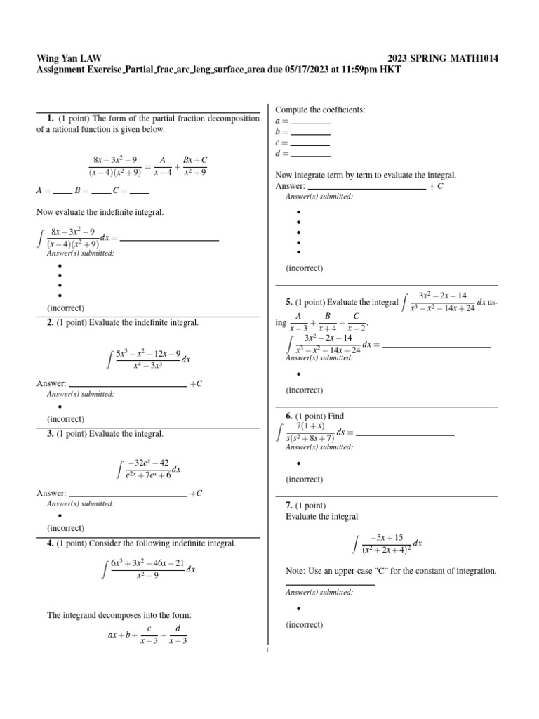 2023 SPRING MATH1014.Exercise Partial Frac Arc Leng Surface Area | PDF | Algebra | Numerical ...