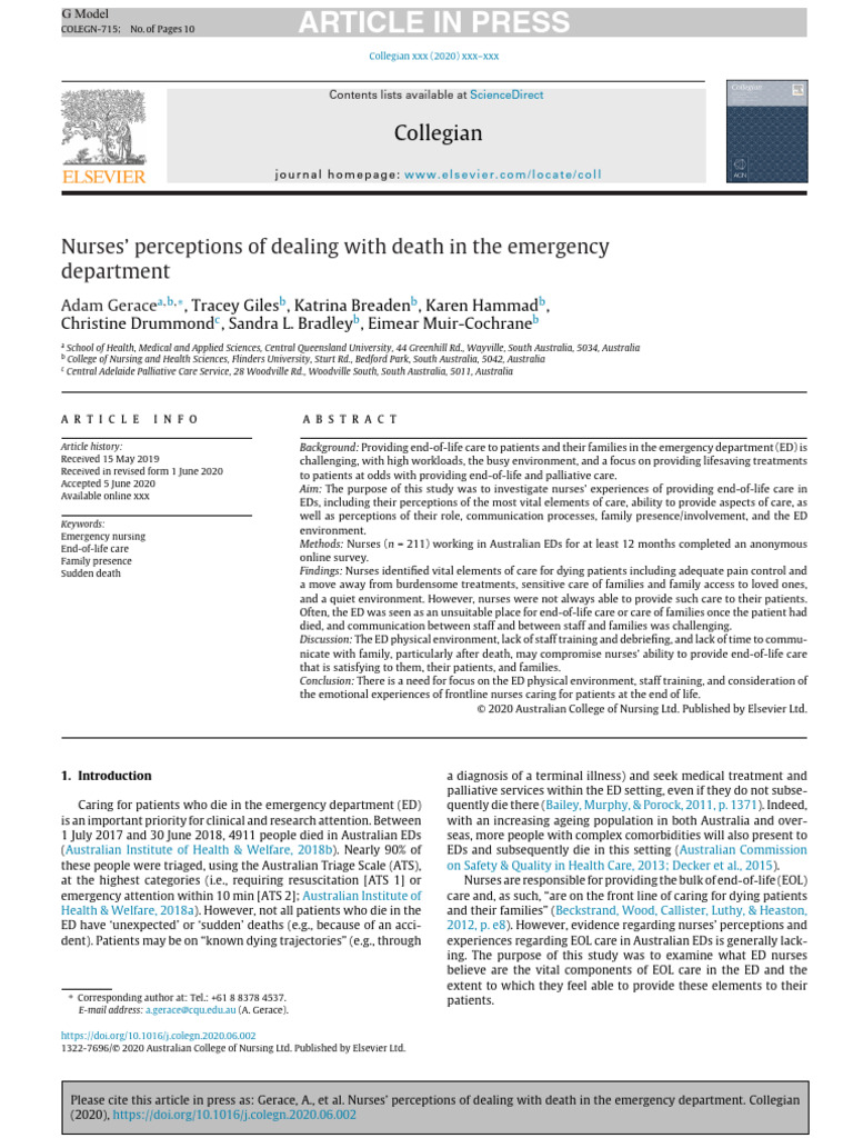 Article in Press: Nurses' Perceptions of Dealing With Death in The Emergency Department | PDF ...