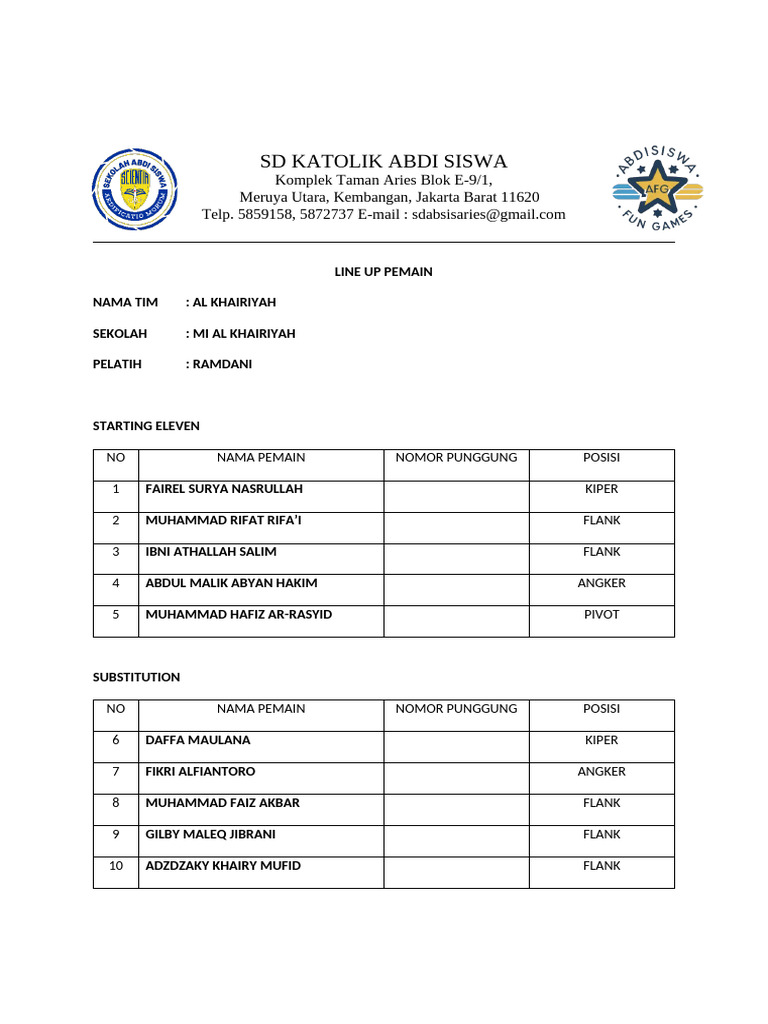 Line Up Pemain | PDF