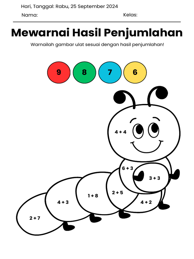 LKPD MTK Penjumlahan Mewarnai Kls 1 | PDF