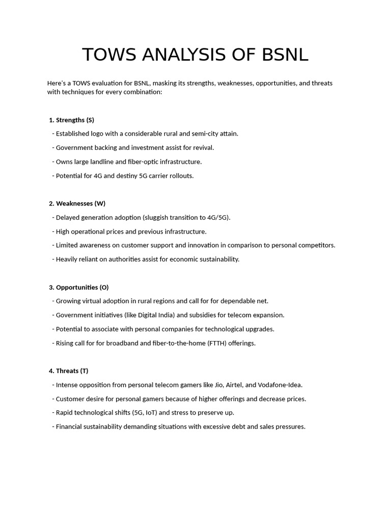 Tows Analysis of BSNL | PDF | Infrastructure | Pricing