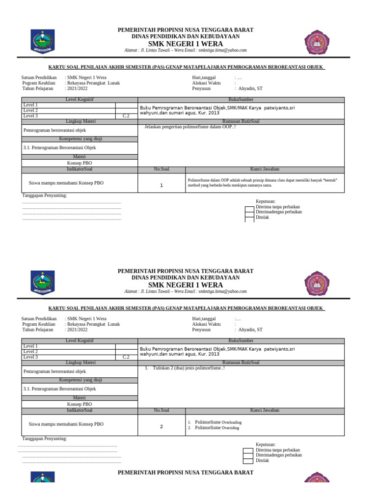 Kartu Soal Ujian Sekolah PBO Tahun 2021-2022 SMKN 1 WERA - FIX | PDF
