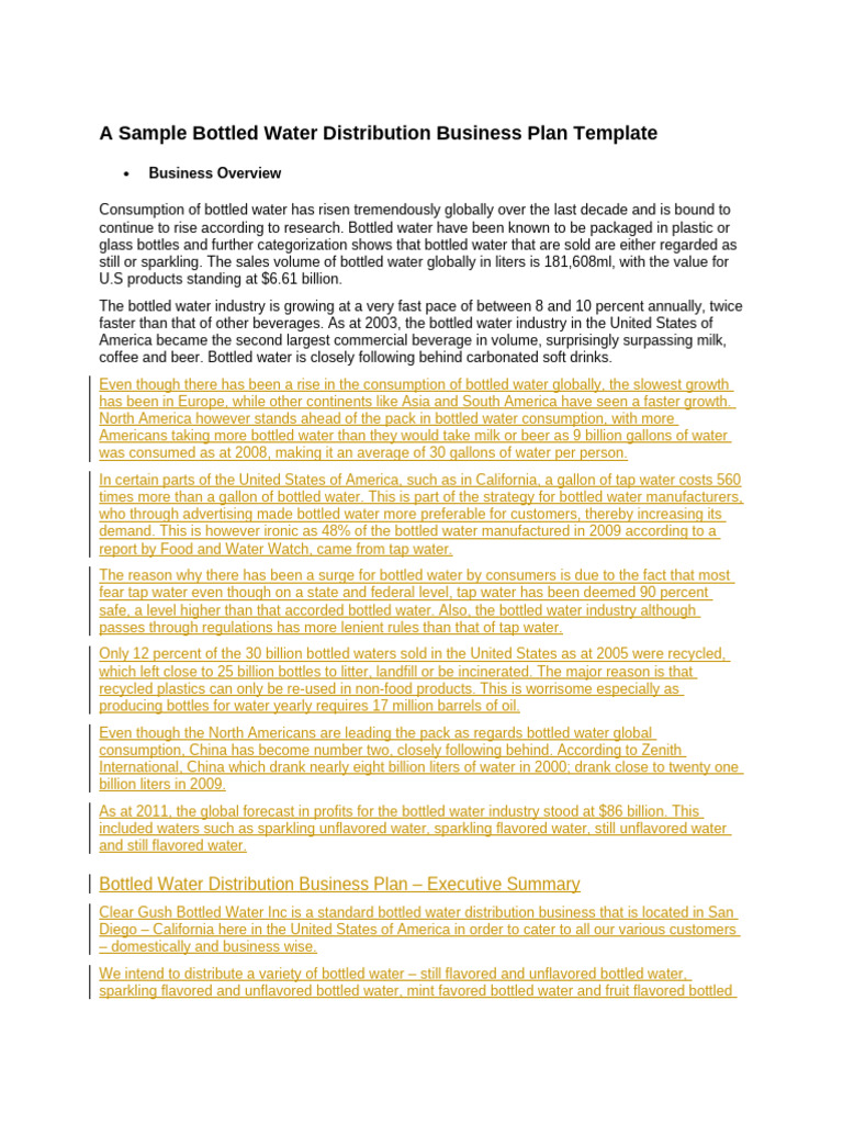 A Sample Bottled Water Distribution Business Plan Template | PDF ...