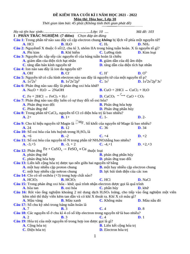Kiem Tra Cuoi Ki 1hoa Hoc 10. TH | PDF
