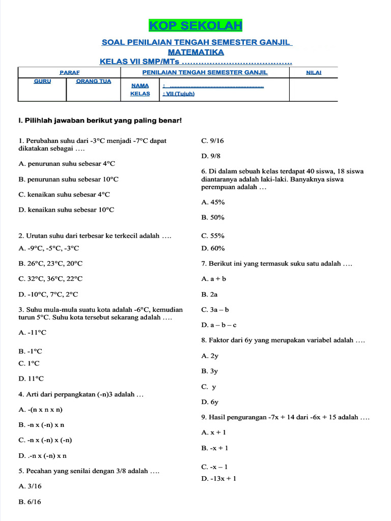 PDF 7 Soal Pts Matematika Kelas 7 Semester 1 - Compress | PDF