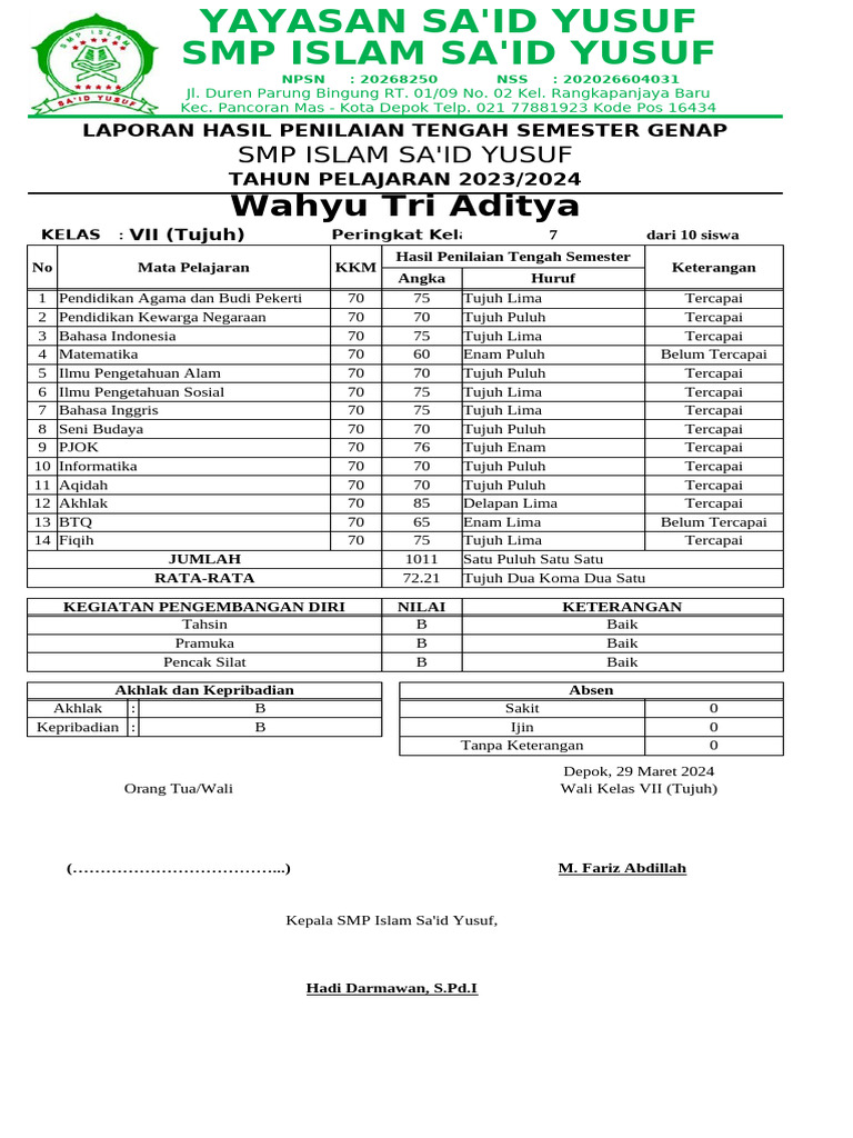 Laporan PTS Genap SMP Islam Sa'id Yusuf | PDF