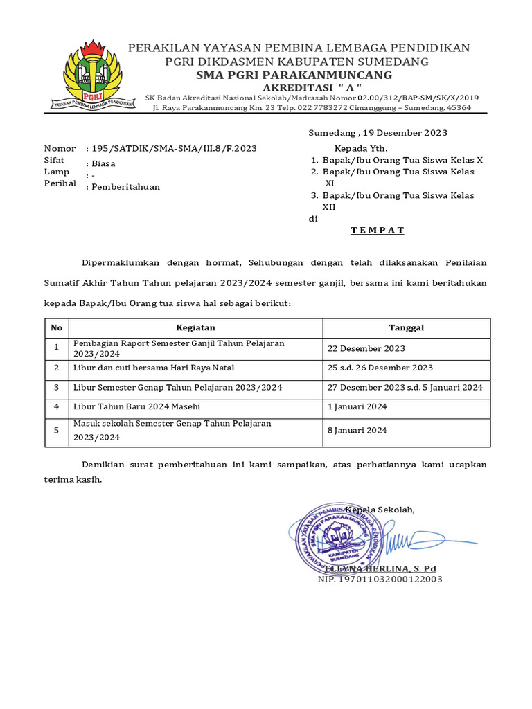 Surat Pemberitahuan Pembagian Raport Dan Libur Semester Ganjil | PDF