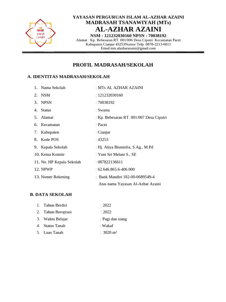 PROFIL MTS AL AZHAR AZAINI | PDF
