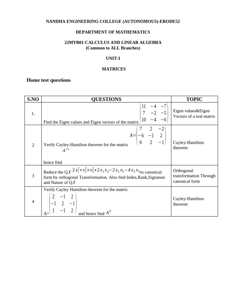 Unit-I Matrices | PDF | Matrix (Mathematics) | Eigenvalues And Eigenvectors