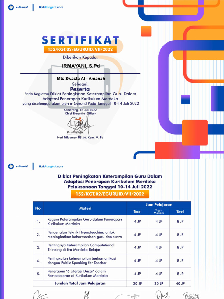 IRMAYANI, S.PD - Sertifikat Diklat 40JP "Peningkatan Keterampilan Guru ...