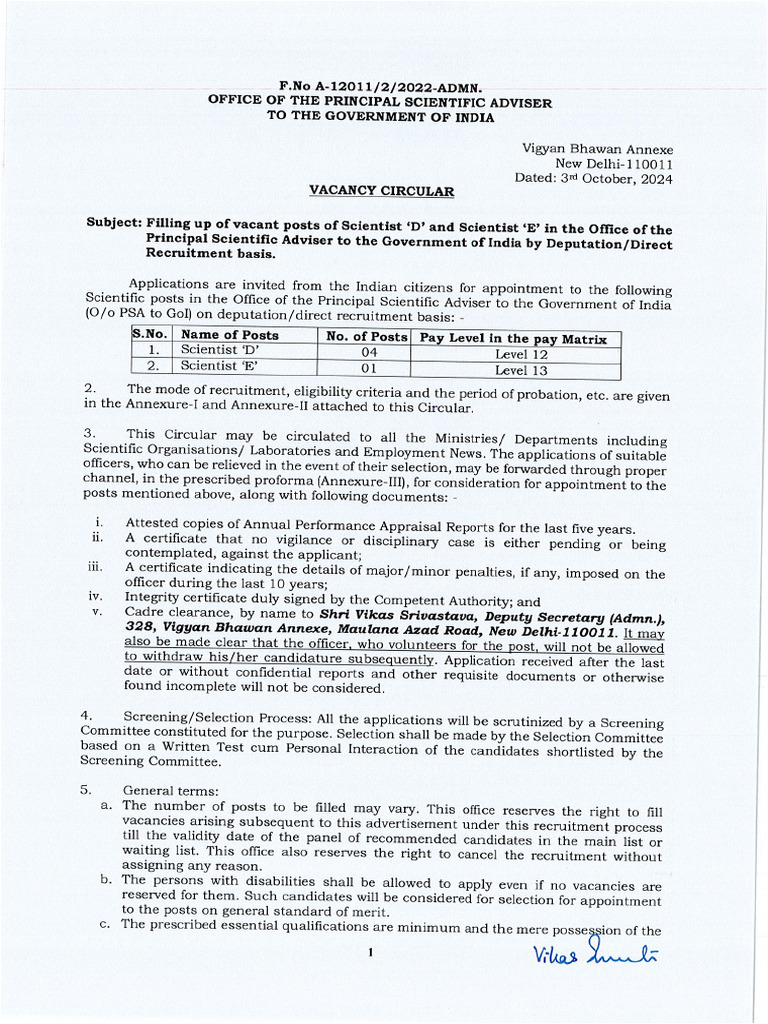 Vacancy Circular Scientist 'D' & Scientist 'E' Office of PSA | PDF