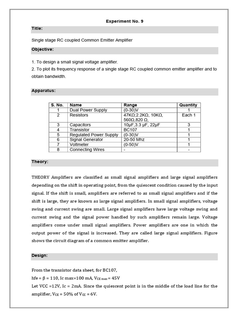 Experiment No 9 Single Stage RC Coupled Common Emitter Amplifier | PDF | Amplifier | Bipolar ...