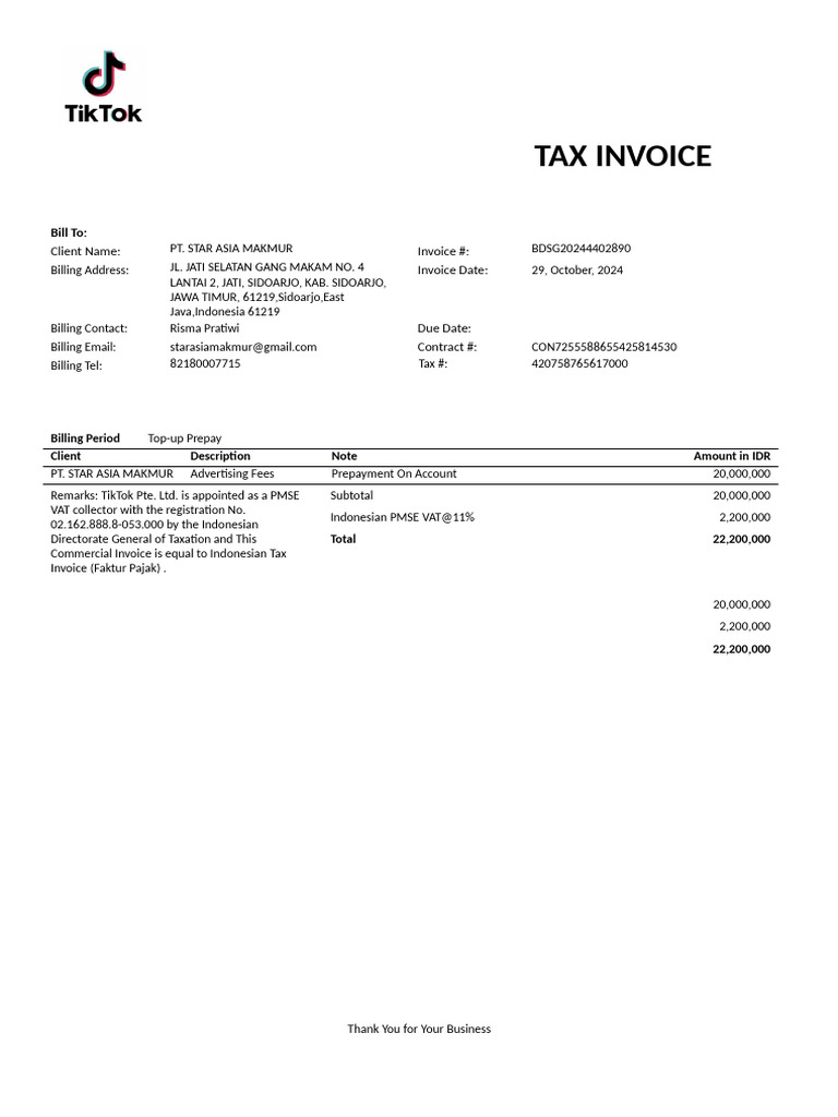 Invoice - Star Asia Makmur - 29 Oktober | PDF | Finance & Money Management