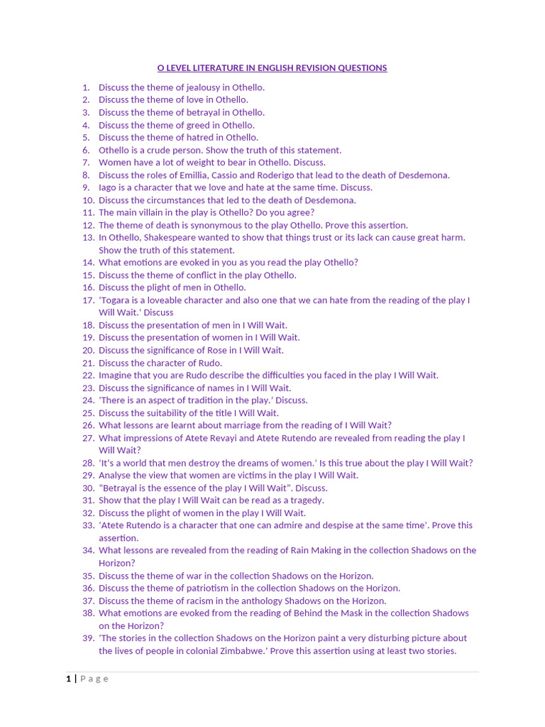 O Level Literature Revision Questions | PDF | Othello | Shakespearean ...